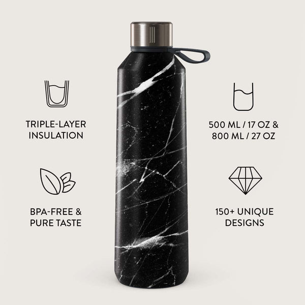 Noir Origin - Black Marble Stainless Steel Water Bottle | BURGA